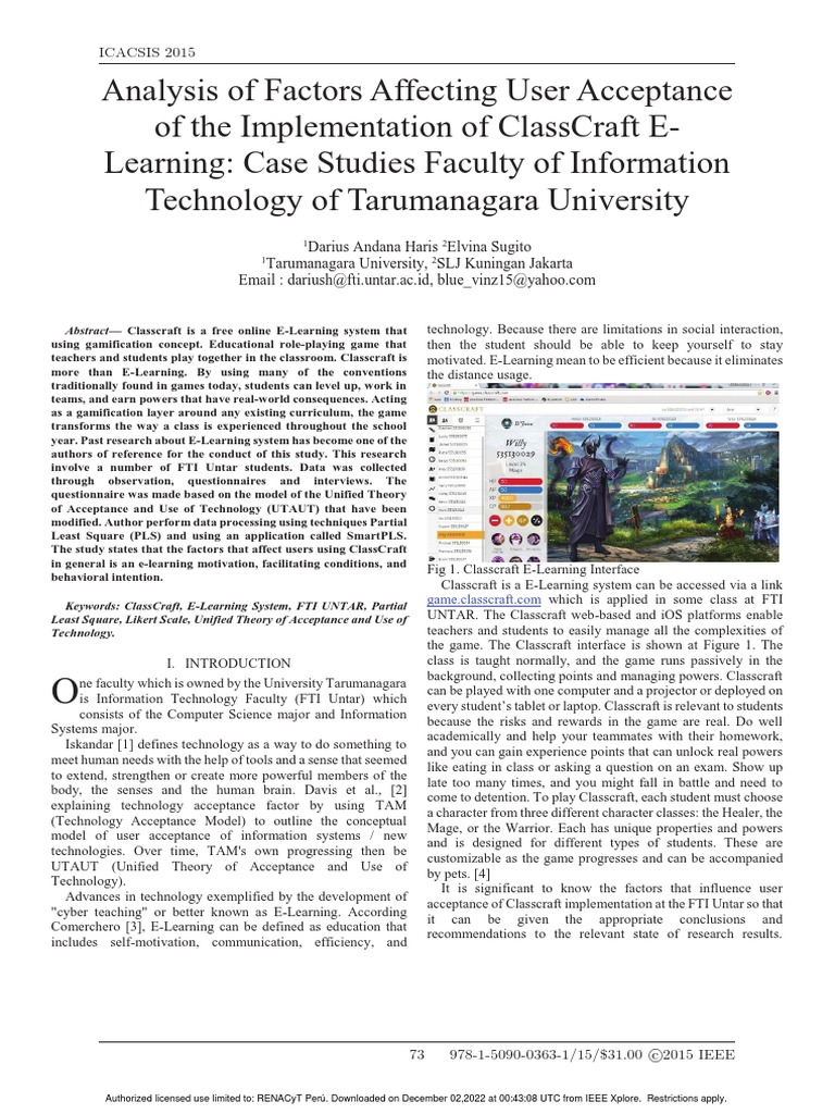 Analysis of Factors Affecting User Acceptance of The Implementation of ClassCraft E-Learning ...