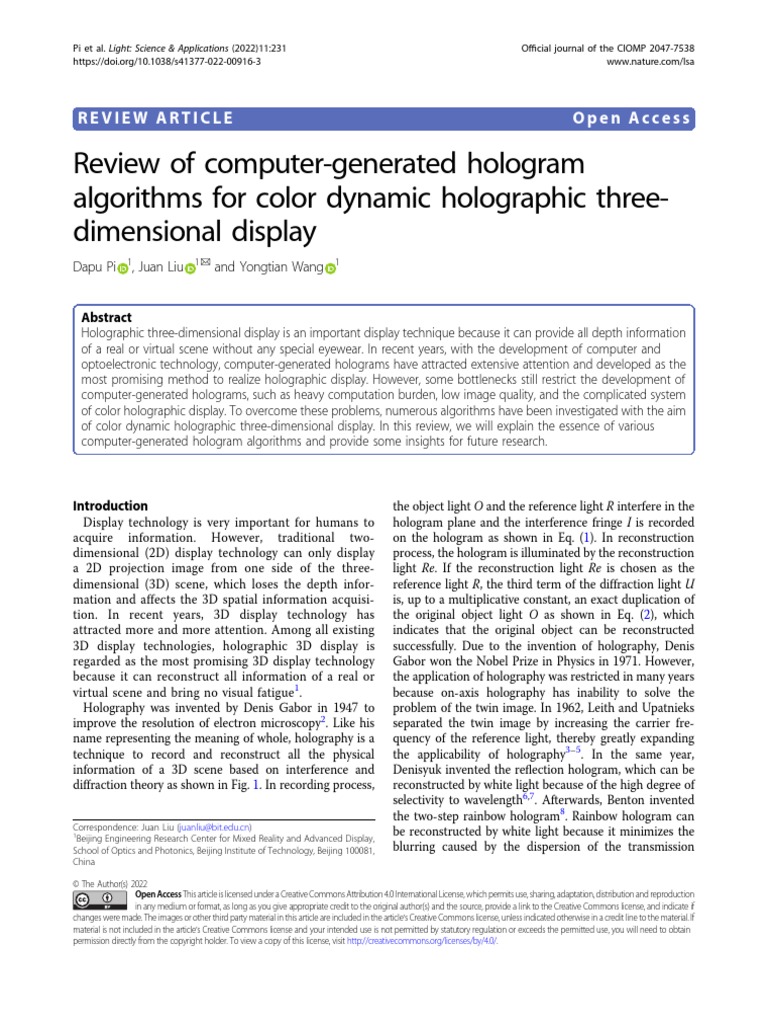 Review of Computer-Generated Hologram Algorithms For Color Dynamic ...