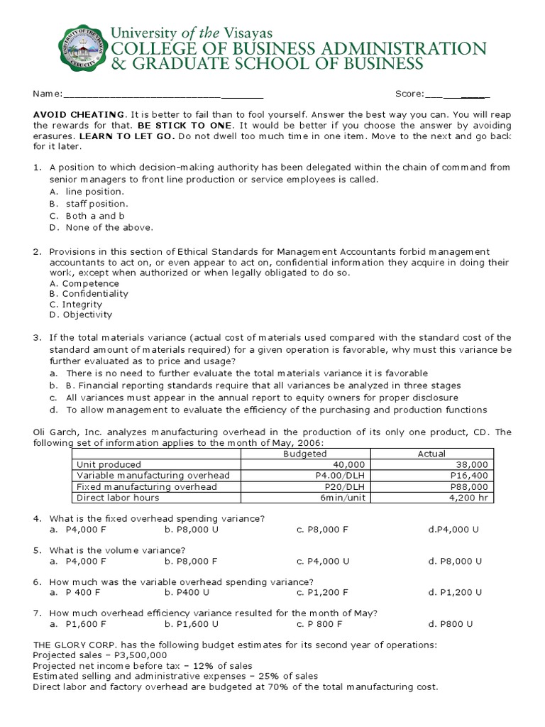 AVOID CHEATING. It Is Better To Fail Than To Fool Yourself. Answer The ...