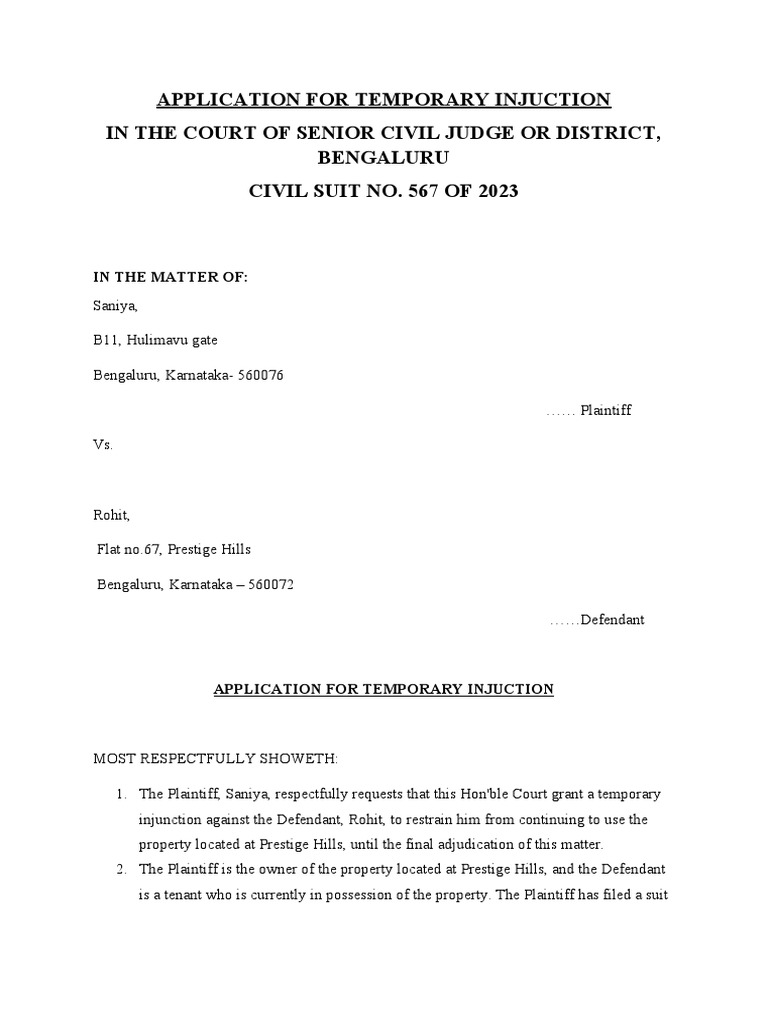 Temporary Injunction Request Bengaluru | PDF | Lawsuit | Injunction