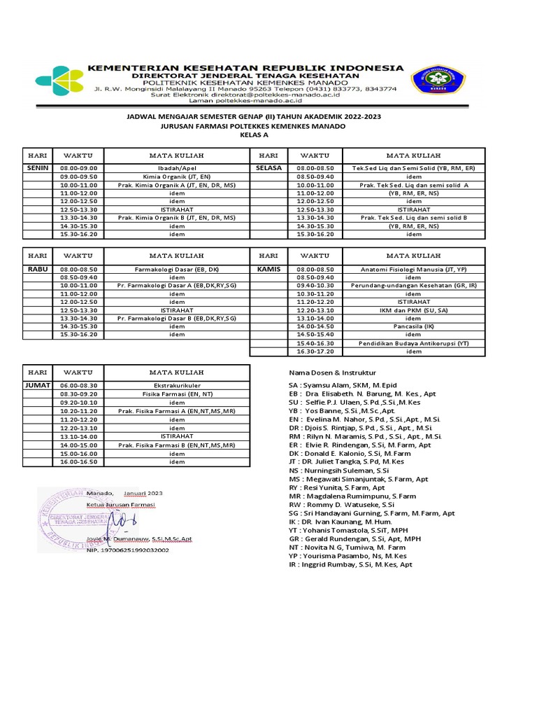 Jadwal Kuliah Semester Genap 2022-2023 | PDF