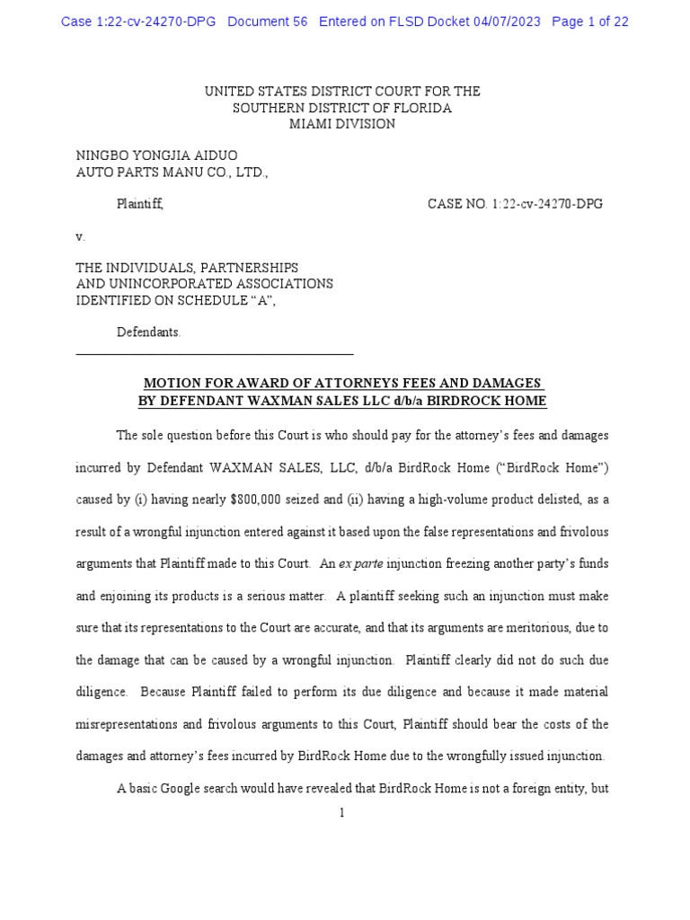 Ningbo v. Schedule A - Motion For Fees Damages | Download Free PDF | Lawsuit | Injunction