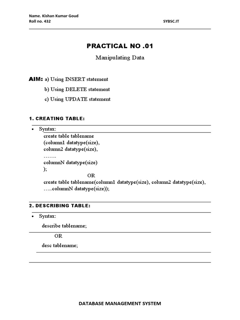 432 - DBMS - Kishankumar Goud | PDF | Table (Database) | Computing