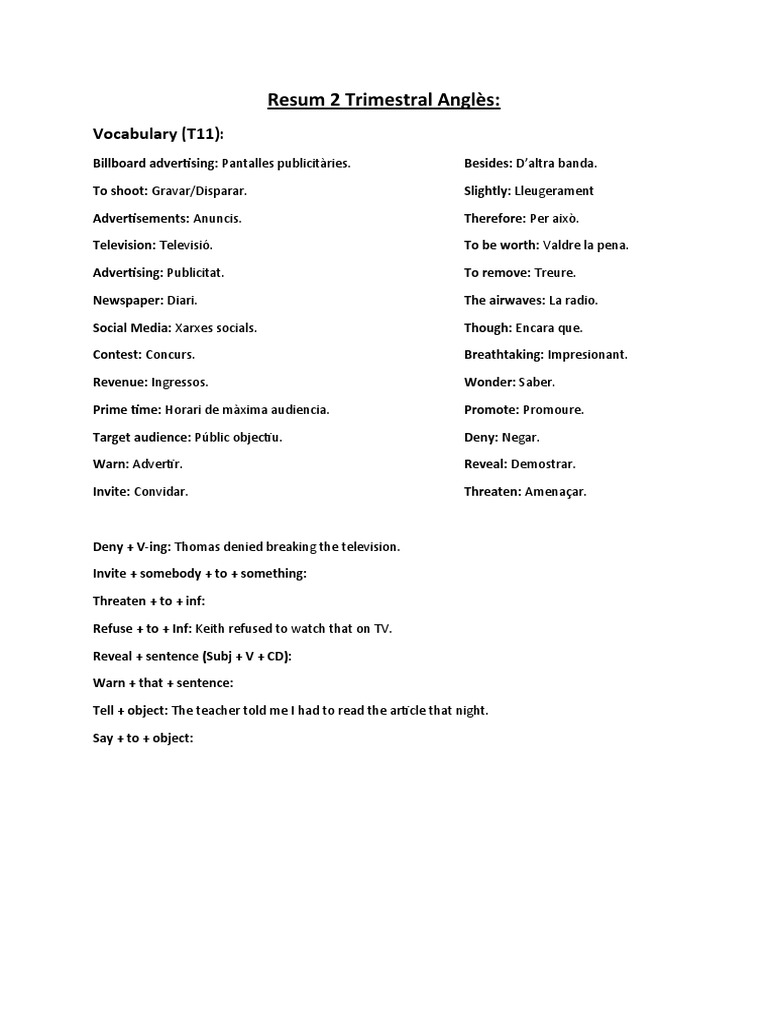 Resum 2 Trimestral Anglès | PDF