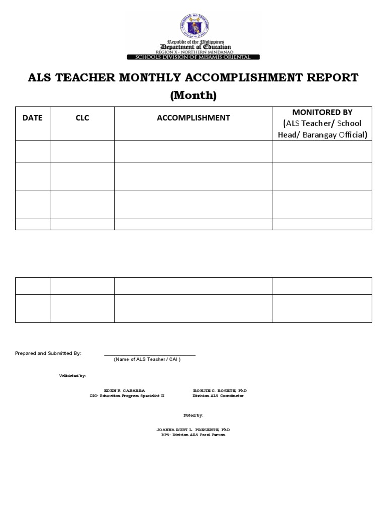 ALS Teacher Monthly Report Template | PDF