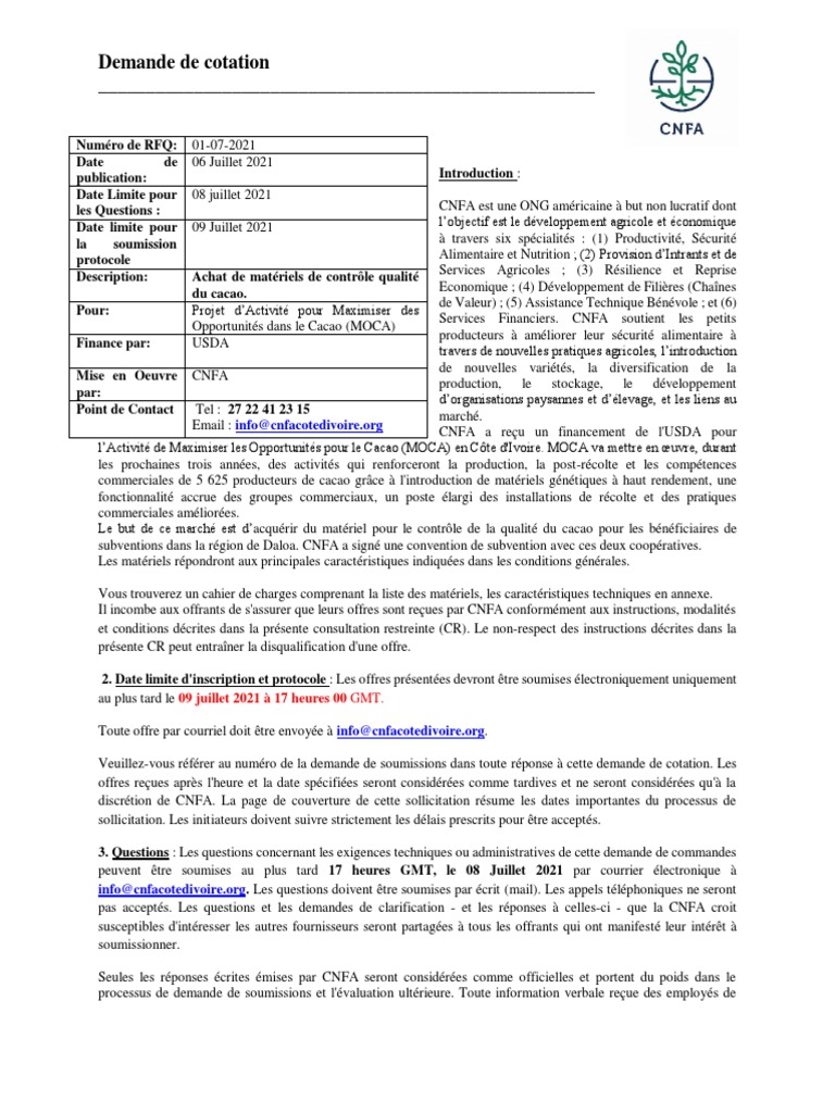 Demande de Cotation: 09 Juillet 2021 À 17 Heures 00 GMT | Descargar ...