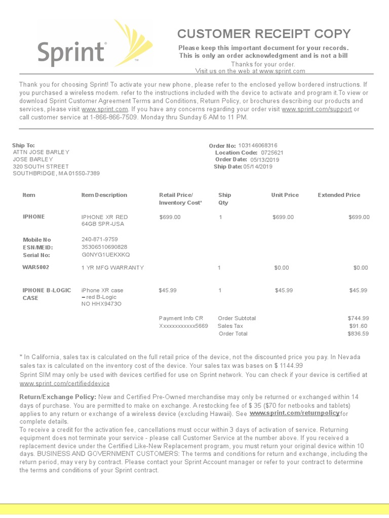 Customer Receipt | PDF | Sprint Corporation | Receipt