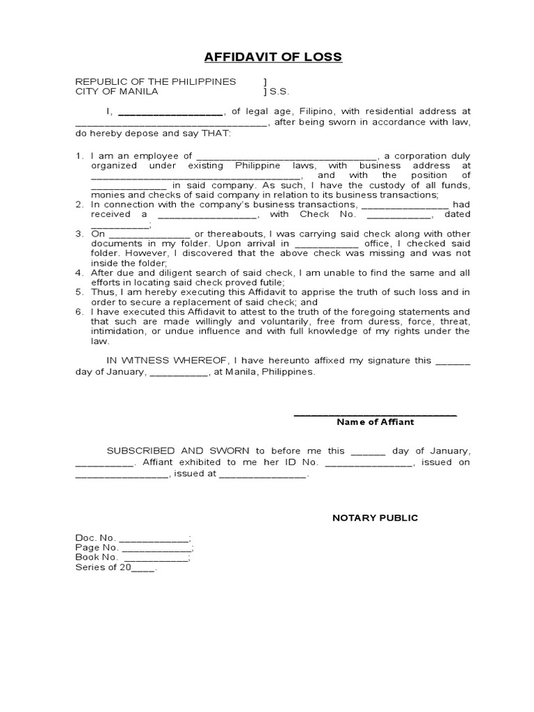 Affidavit of Loss for Check | PDF