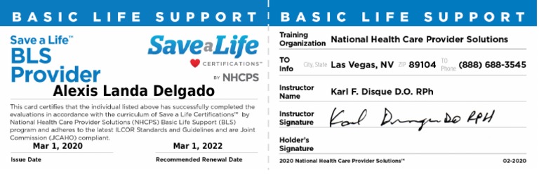 Bls Basic Life Support Certification Course Id Card | PDF