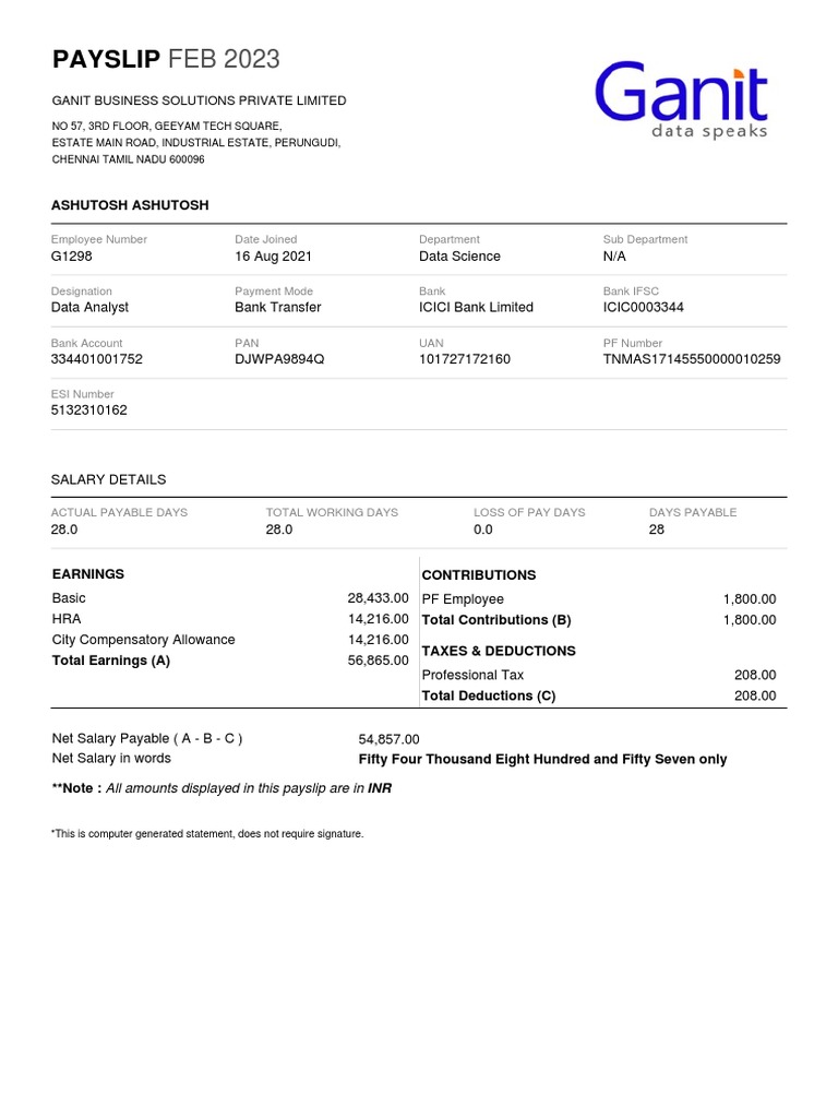 Feb 2023 Payslip for Ashutosh from Ganit Business Solutions | PDF