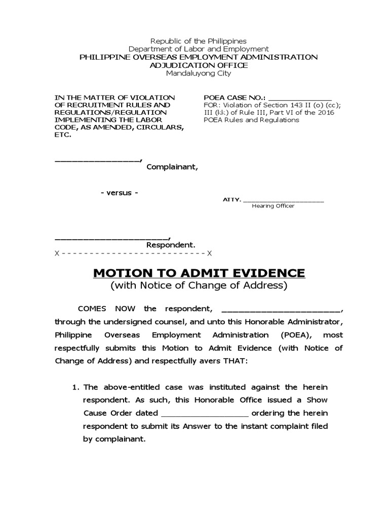 MOTION TO ADMIT EVIDENCE Sample | PDF | Common Law | Justice