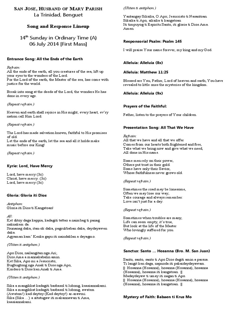 14th Sunday in Ordinary Time (A) 2014 (First Mass) | PDF | Mass ...