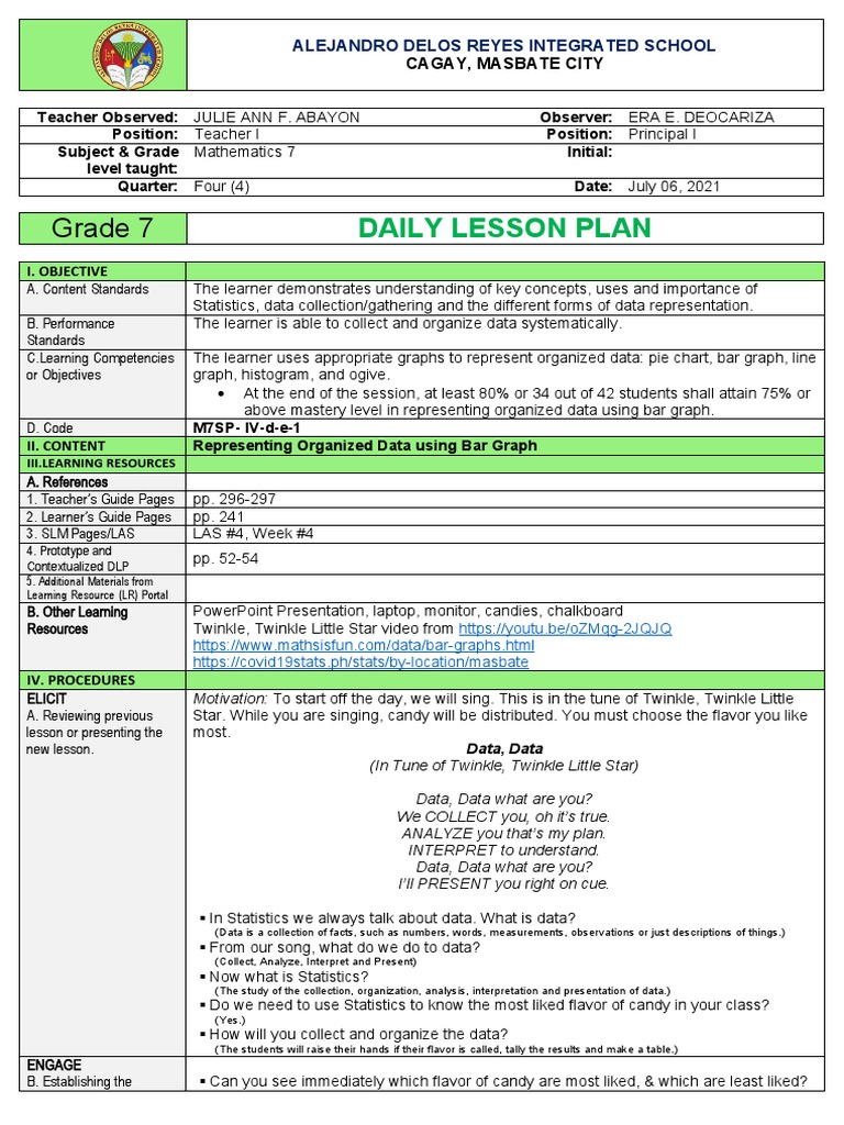 Grade 7: Daily Lesson Plan | PDF | Chart | Cartesian Coordinate System