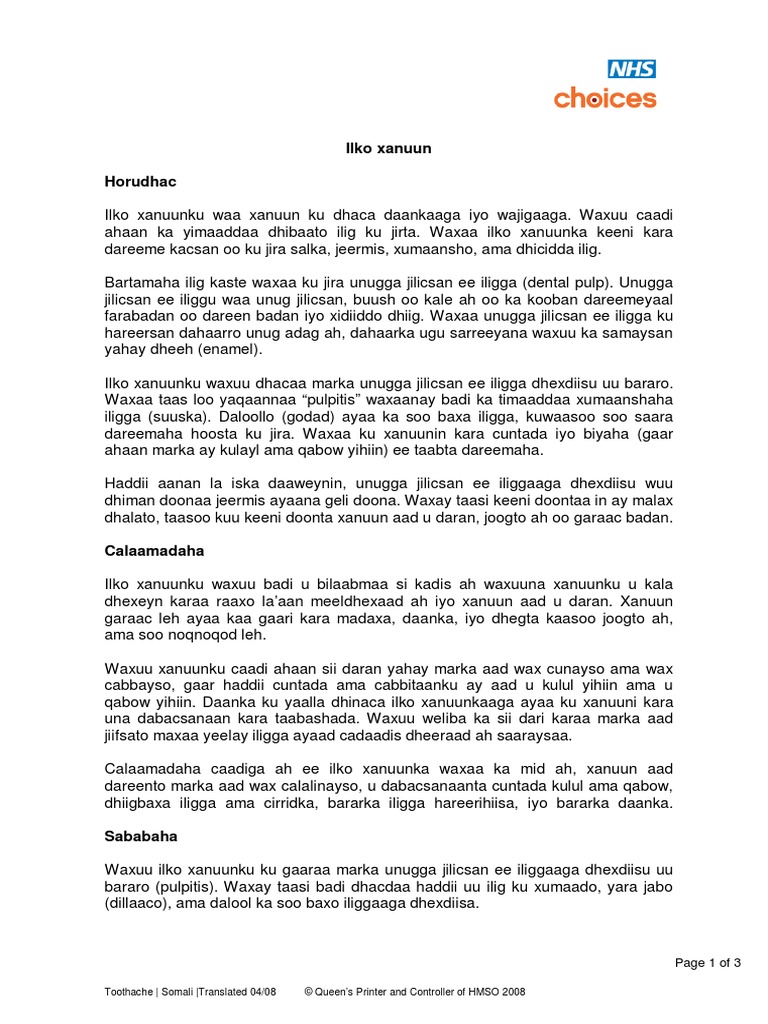 Ilko Xanuun Horudhac: Toothache - Somali - Translated 04/08 © Queen's ...