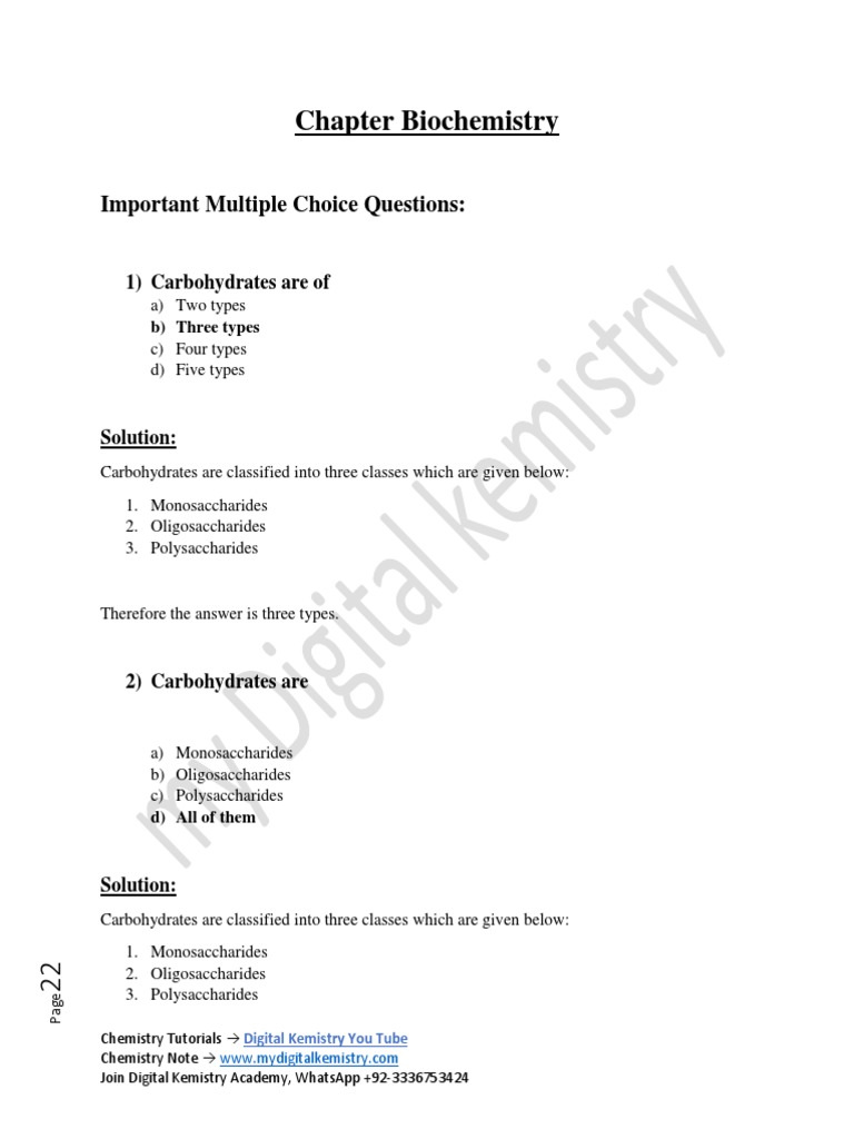Chapter Biochemistry: Important Multiple Choice Questions | PDF ...