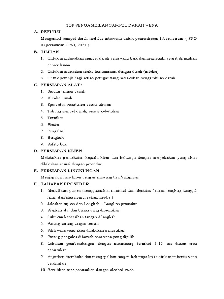 Sop Pengambilan Sampel Darah Vena | PDF | Pengembangan Diri | Kesehatan Holistik