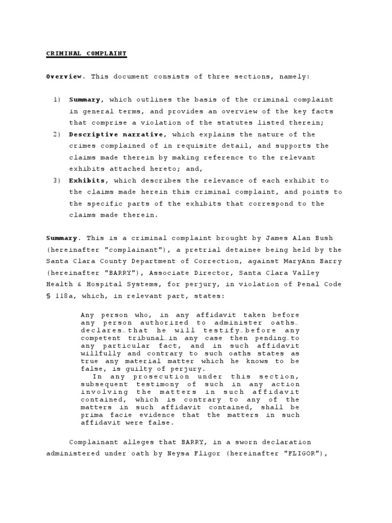 Criminal Complaint Against Neysa Fligor and MaryAnn Barry For Perjury ...