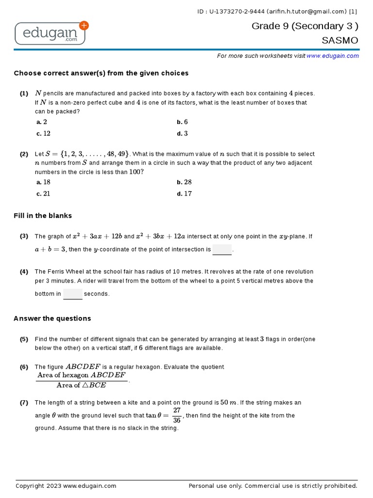 SASMO WORKSHEET April 8 | PDF | Area | Mathematics