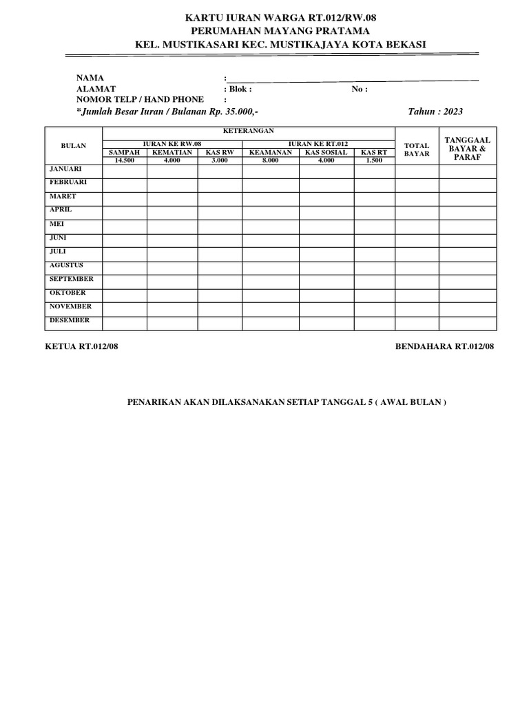 Kartu Iuran Warga RT | PDF