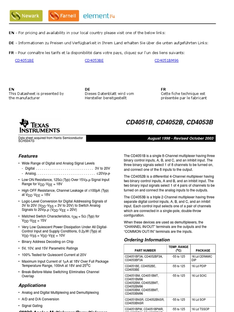 CD4051 52 53 | PDF | Computer Engineering | Electrical Circuits