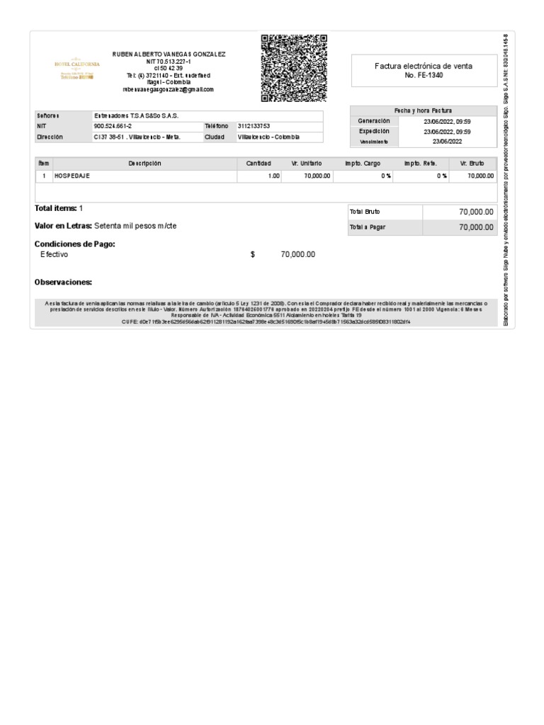 Factura Electrónica de Venta: Total Items: 1 Valor en Letras: Setenta Mil Pesos M/cte ...