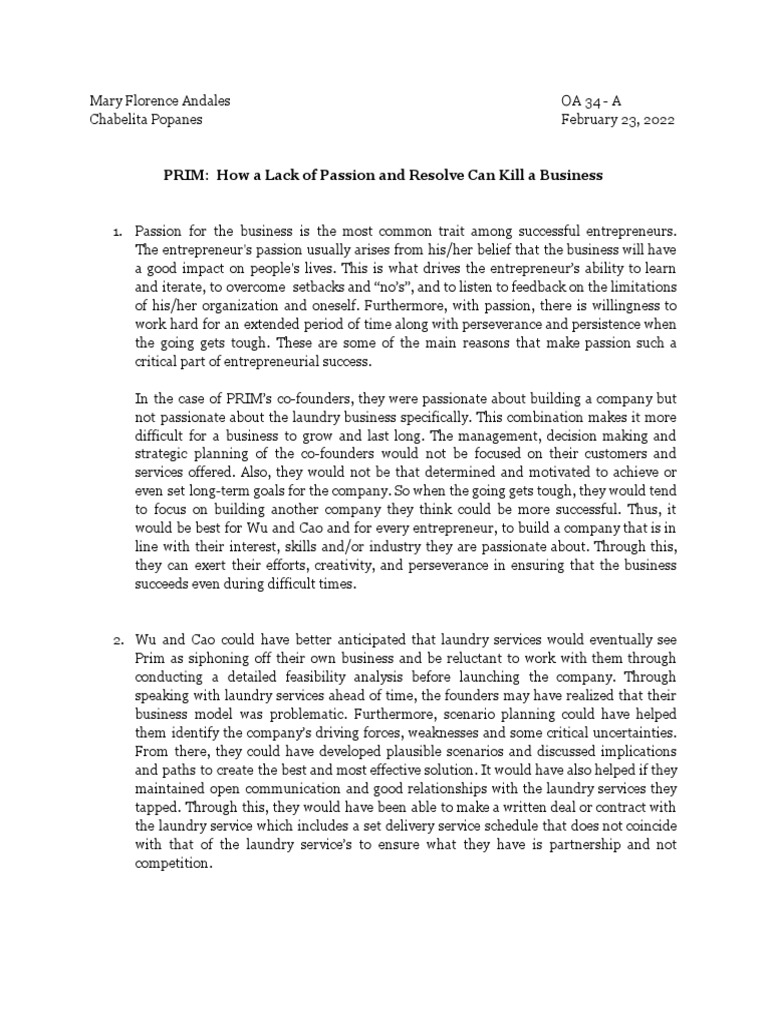 PRIM: How A Lack of Passion and Resolve Can Kill A Business | PDF