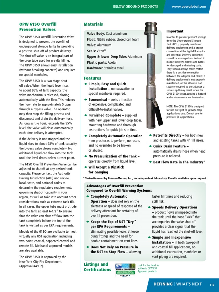 Opw 61so Sellsheet 2018 | PDF | Valve | Mechanical Engineering