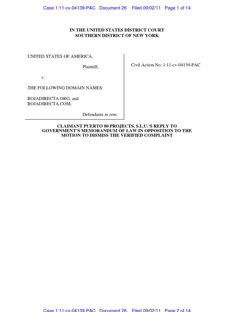 Rojadirecta Reply Memo of Law | PDF | Copyright Infringement | Asset ...