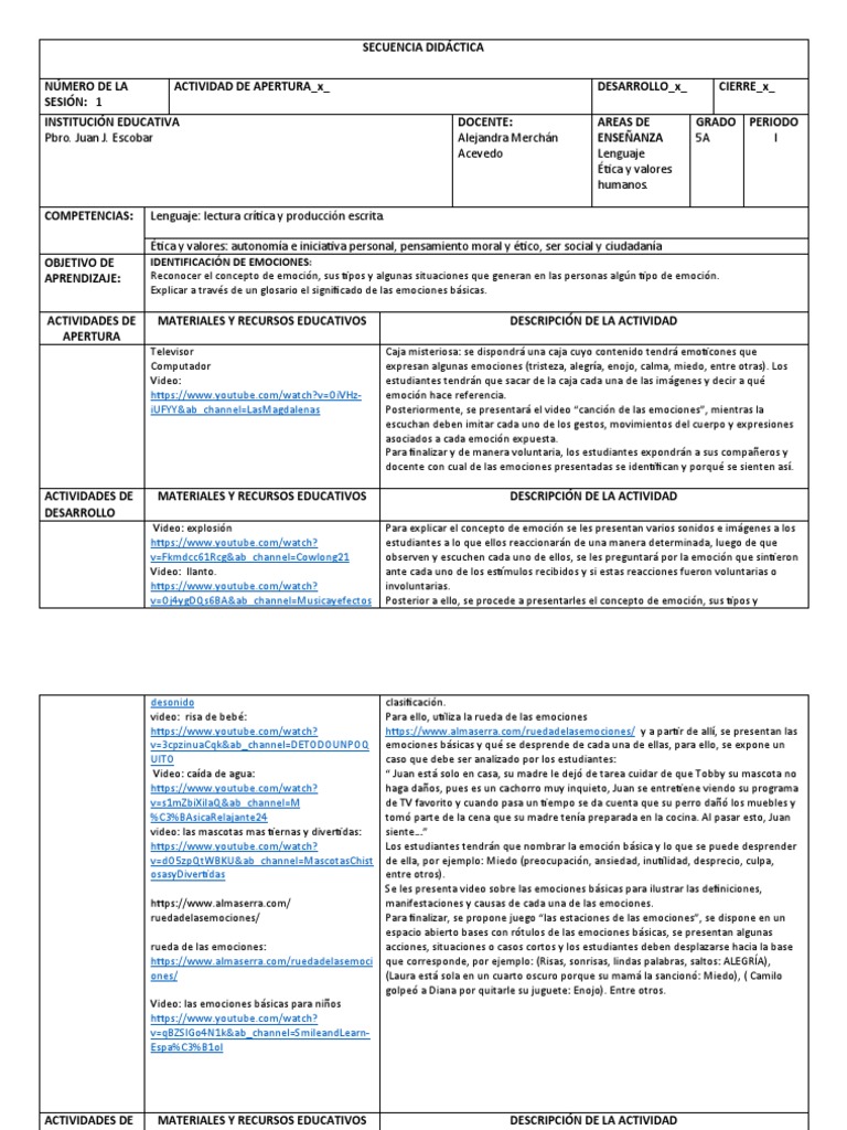 SECUENCIA DIDÁCTICA - Docx Formato | PDF | Las emociones | Empatía