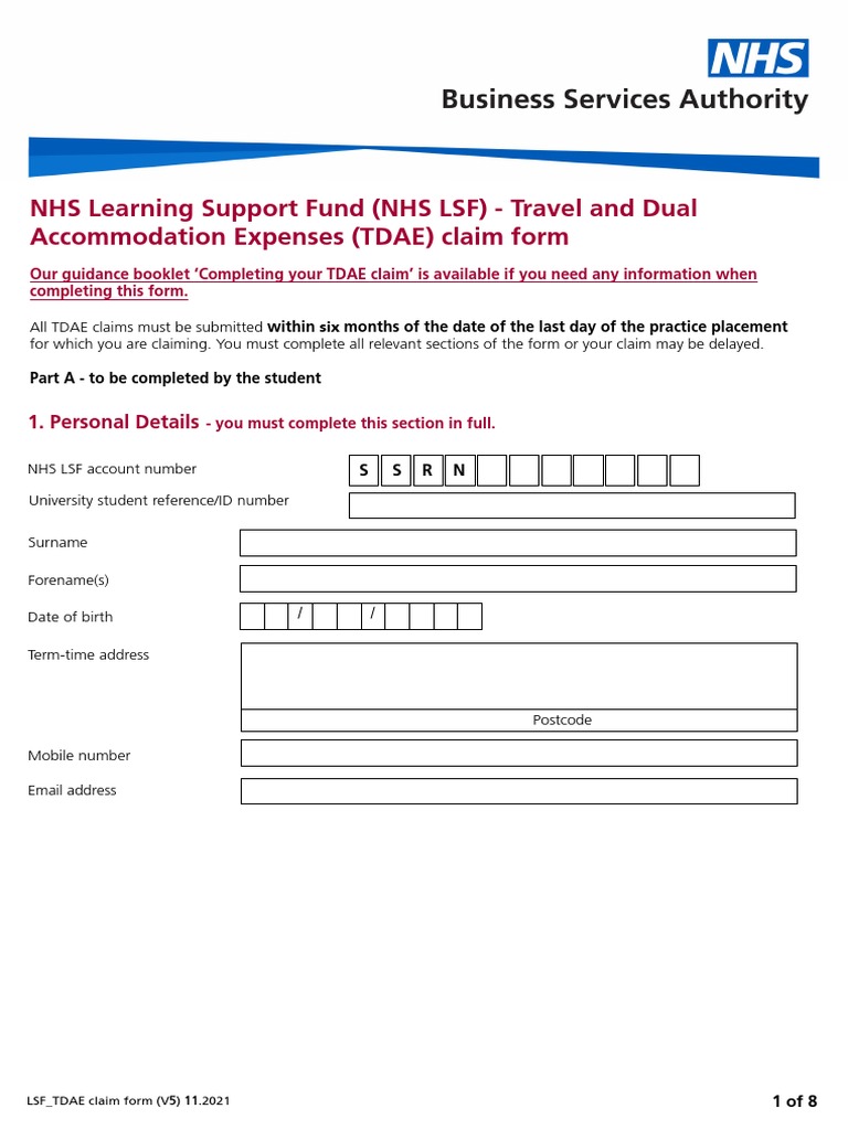 NHS Learning Support Fund (NHS LSF) - Travel and Dual Accommodation Expenses (TDAE) Claim Form ...