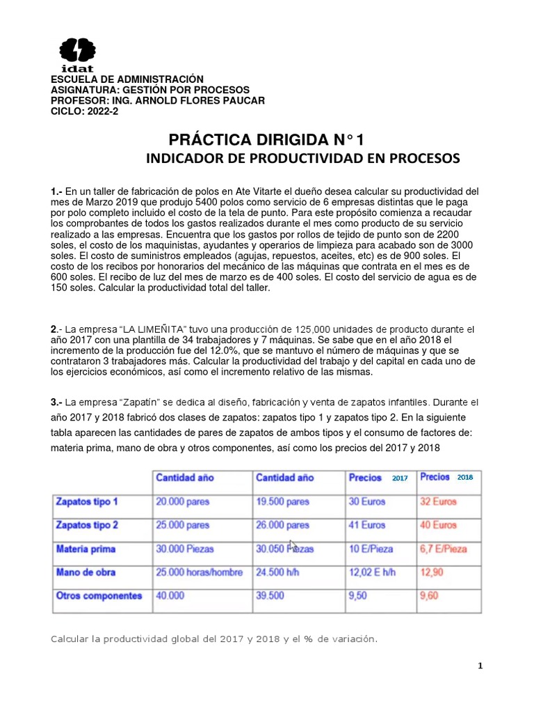 Práctica Dirigida #1 Indicador de Productividad en Procesos | PDF | Ciencias económicas | Economias