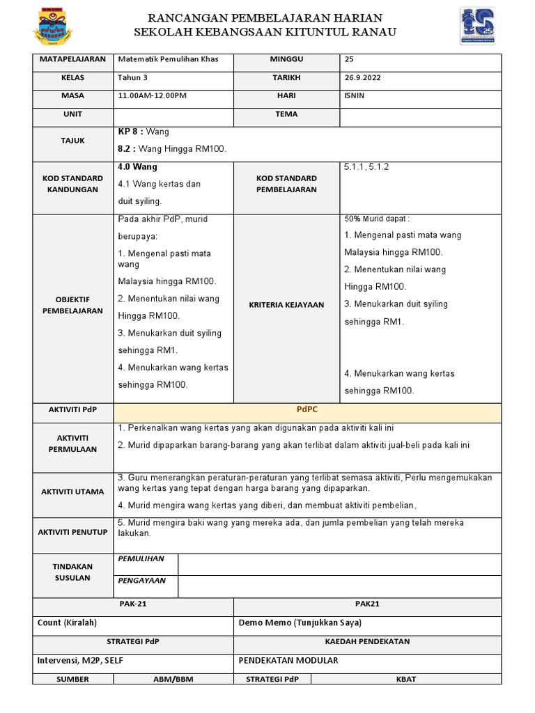 RPH PK MATEMATIK T3 M25 | PDF