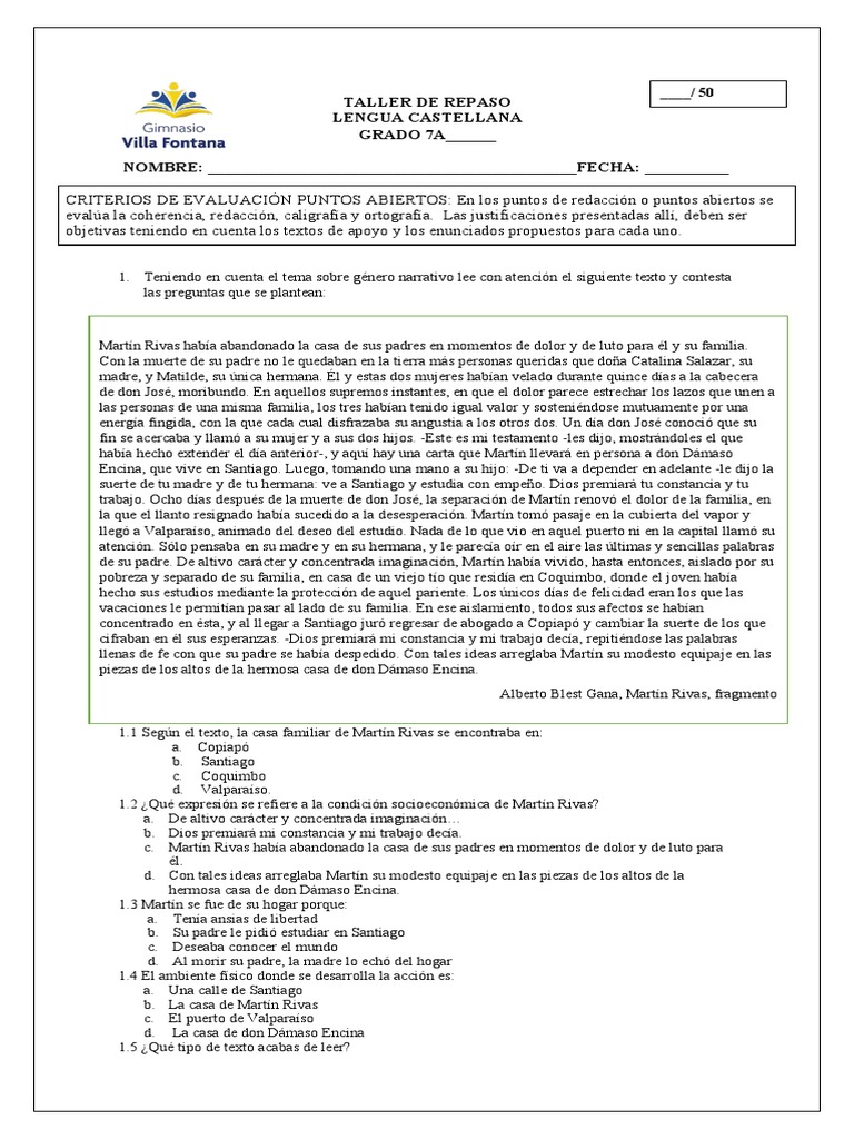 Taller de Repaso 7° | PDF | Narración