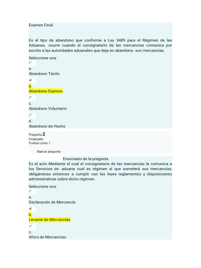 Pregunta Finalizado Puntúa Como 1 Marcar Pregunta | PDF | aduana | Gobierno