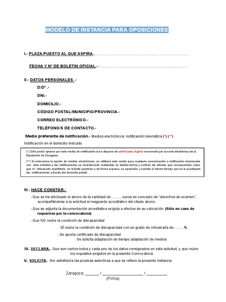 Modelo de Instancia Oposiciones | PDF | Invalidez | Gobierno