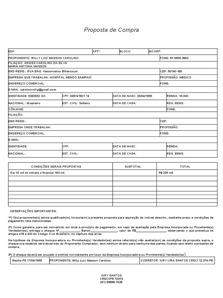 Ficha Proposta de Compra - Iury Santos Creci 12.374 | PDF | Cheque (banco) | Business