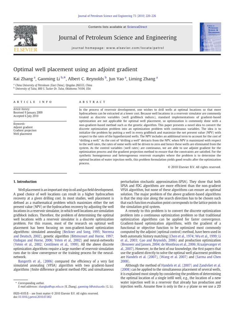 2010 Optimal Well Placement Using An Adjoint Gradient | PDF | Mathematical Optimization | Net ...