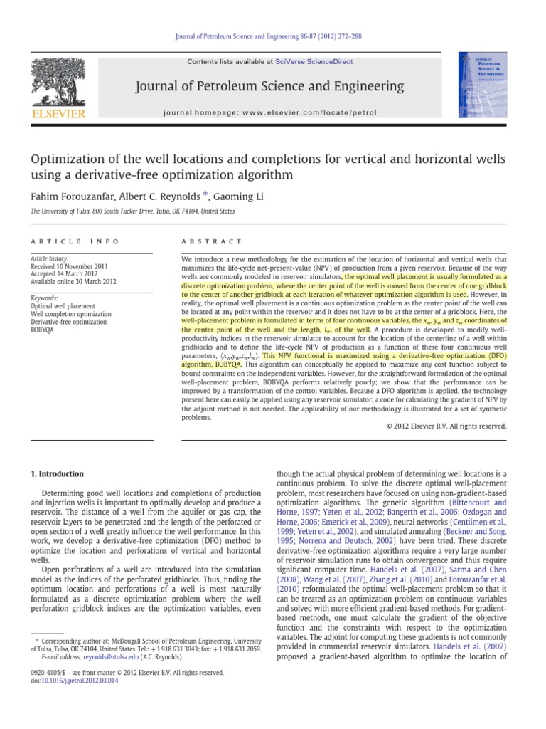 Forouzanfar 2012 Optimization of The Well Locations and Completions For ... Forouzanfar 2012 Optimization of The Well Locations and Completions For ...