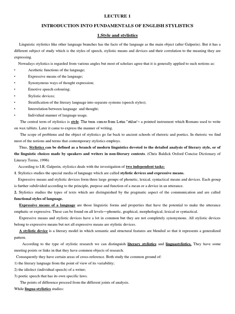 Introduction Into Fundamentals of English Stylistics 1.style and ...