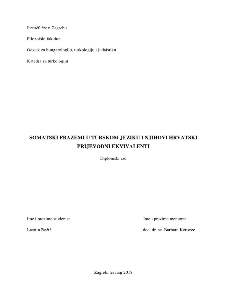 Somatski Frazemi U Turskom Jeziku I Njihovi Hrvatski | PDF