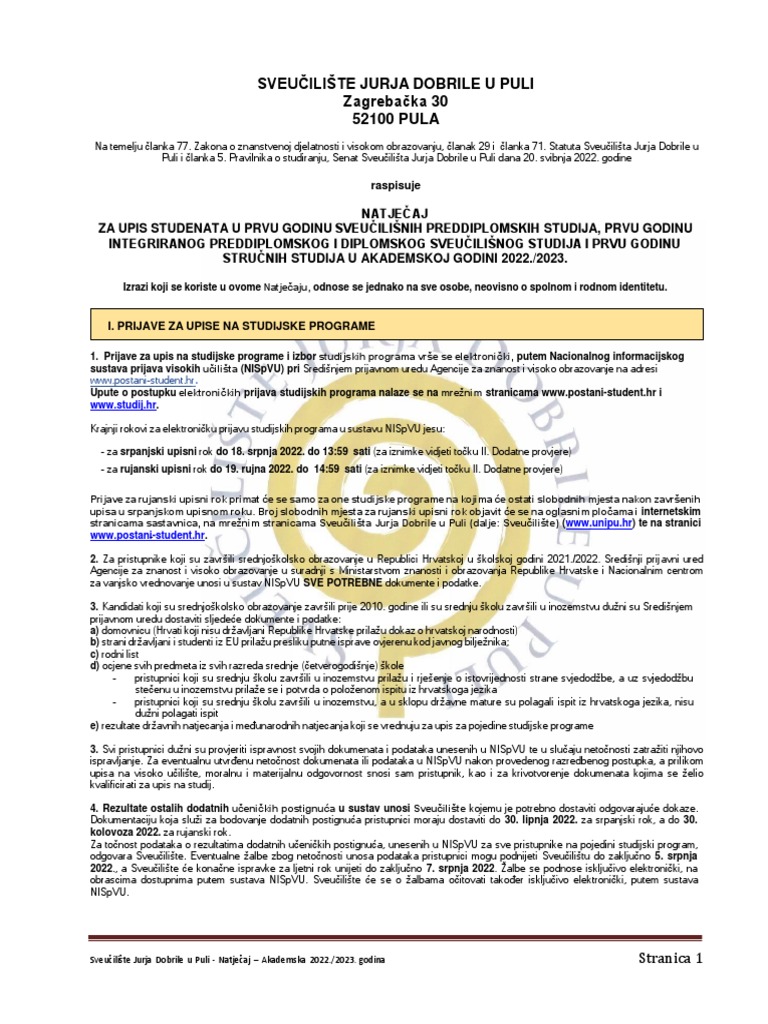 Natjecaj - Za - UPIS - 2022-2023 - Prediplomski - I - Diplomski (2) JGGJG | PDF