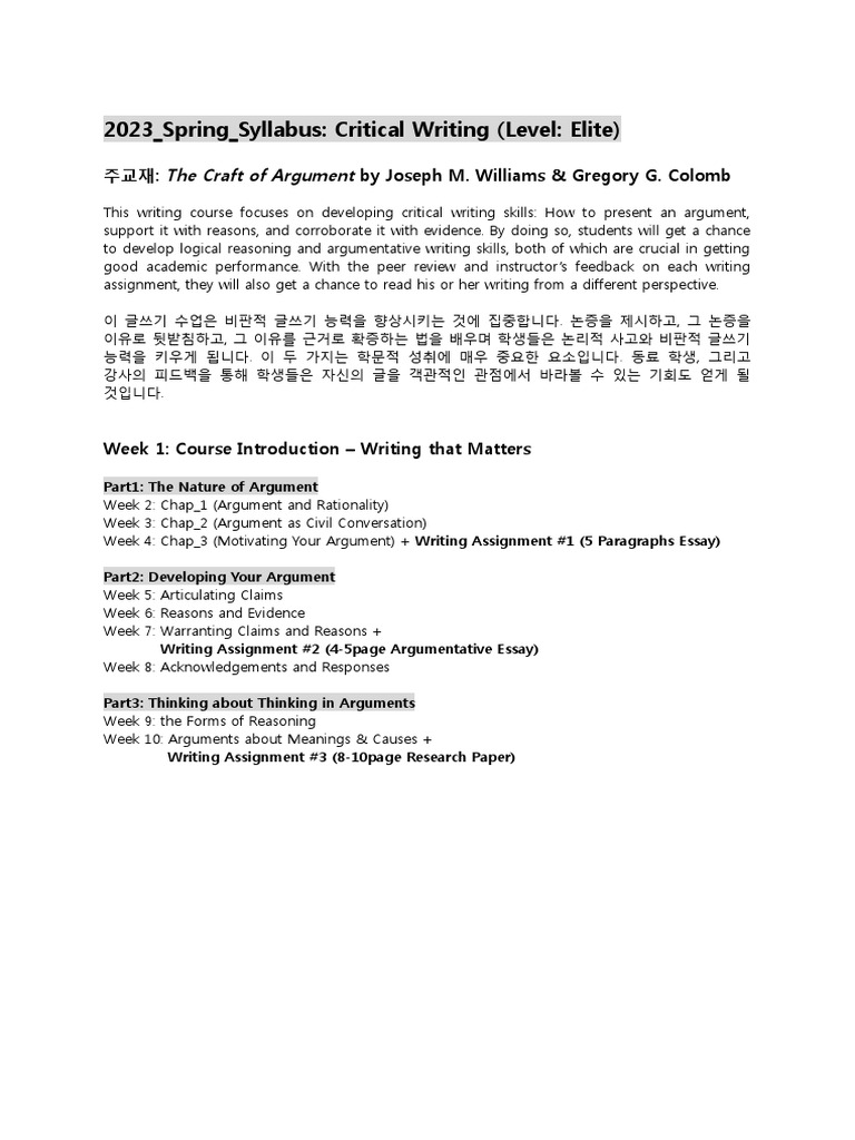 2023 - Spring Syllabus - Critical Writing (Elite) | PDF