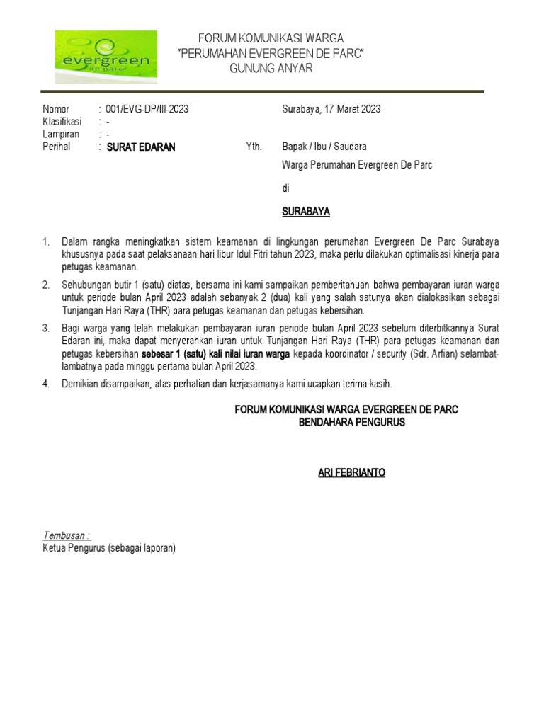 Surat Edaran - Iuran Warga THR 2023 | PDF