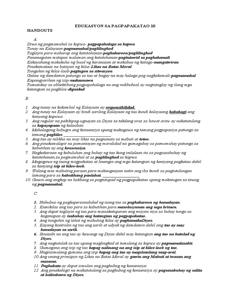 Edukasyon Sa Pagpapakatao 10 Handouts | PDF