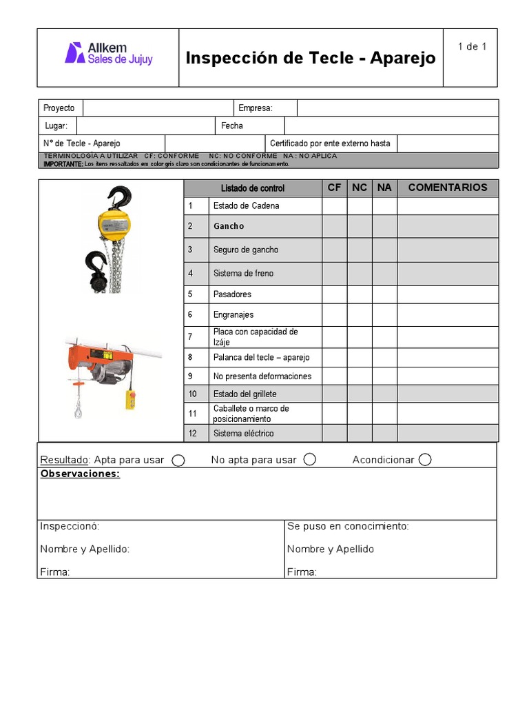 Inspección de Tecle - Aparejo: Cfncna Comentarios | PDF