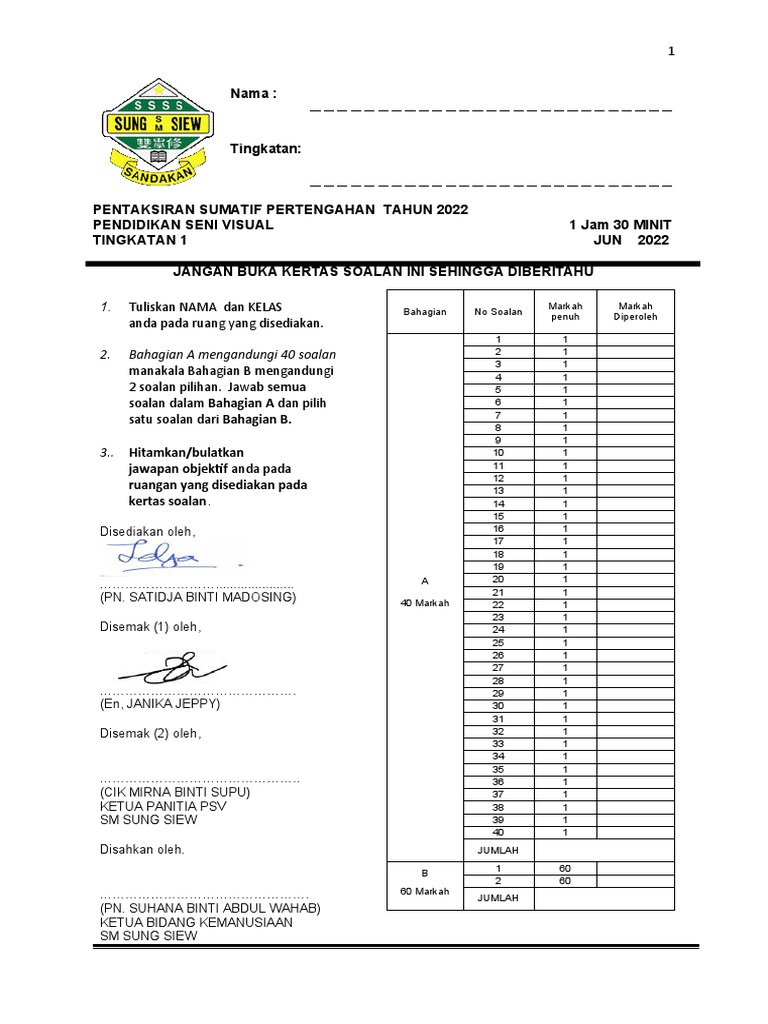 Pentaksiran Sumatif Pertengahan Tahun 2022 PSV Tingkatan 1 | PDF