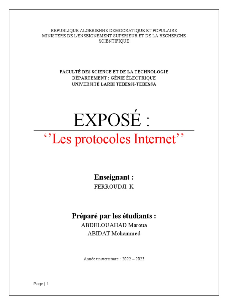 Exposé Sur Les Protocoles Internet | PDF | Protocole de contrôle de transmission | Protocole de ...