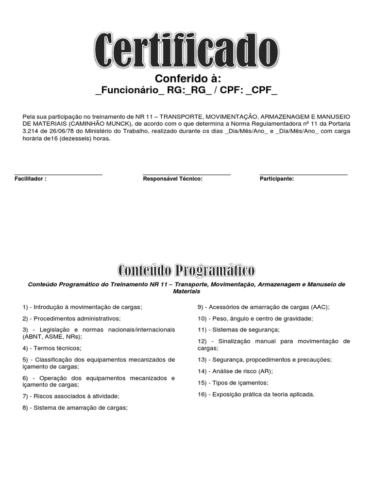 Certificado NR 11 Munck | PDF