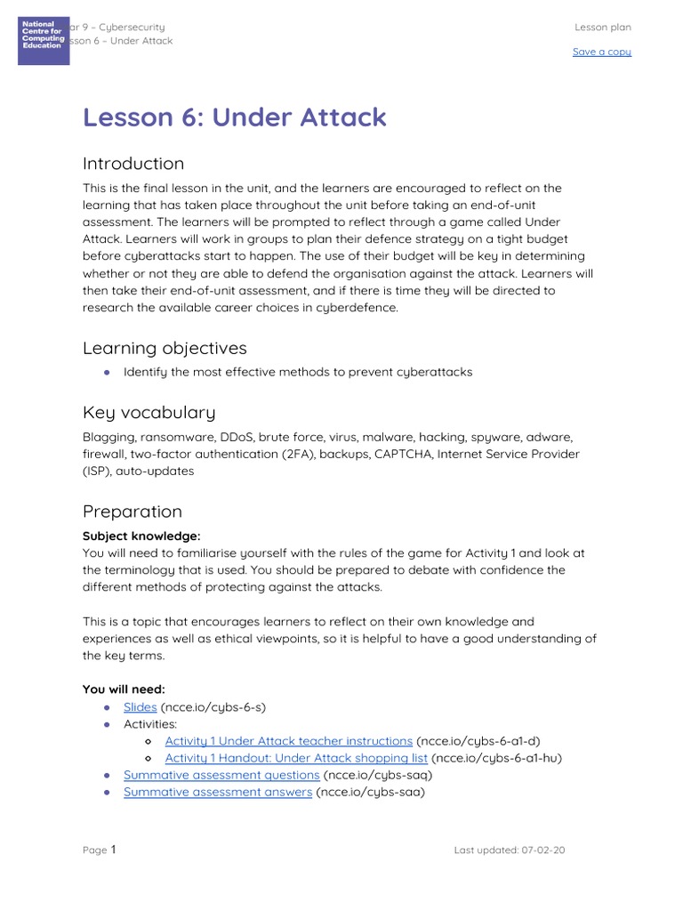 Year 9 - Cybersecurity Lesson 6 - Under Attack Lesson Plan | PDF ...