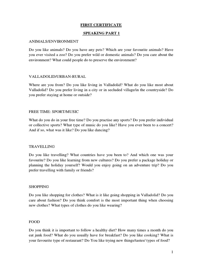 First Certificate Speaking Topics Guide | PDF